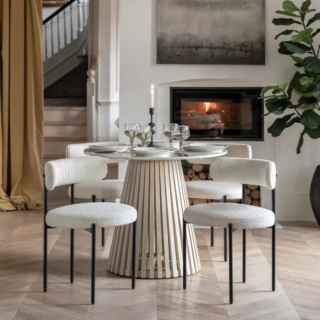 Whitewash Slatted Marble Round Dining Table